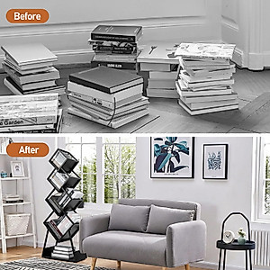 uyoyous Tree Bookshelf 5 Tier Tree Bookcase Metal Bookshelf Standing Bookshelf Modern Bookshelf for CDs/Movies/Books, Storage Shelves for Bedroom, Living Room, Home Office, Black