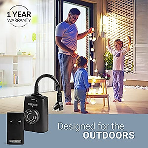 BLACK+DECKER Wireless Outdoor Timer Outlet with Remote, 2 Grounded Outlets, Photocell Sensor