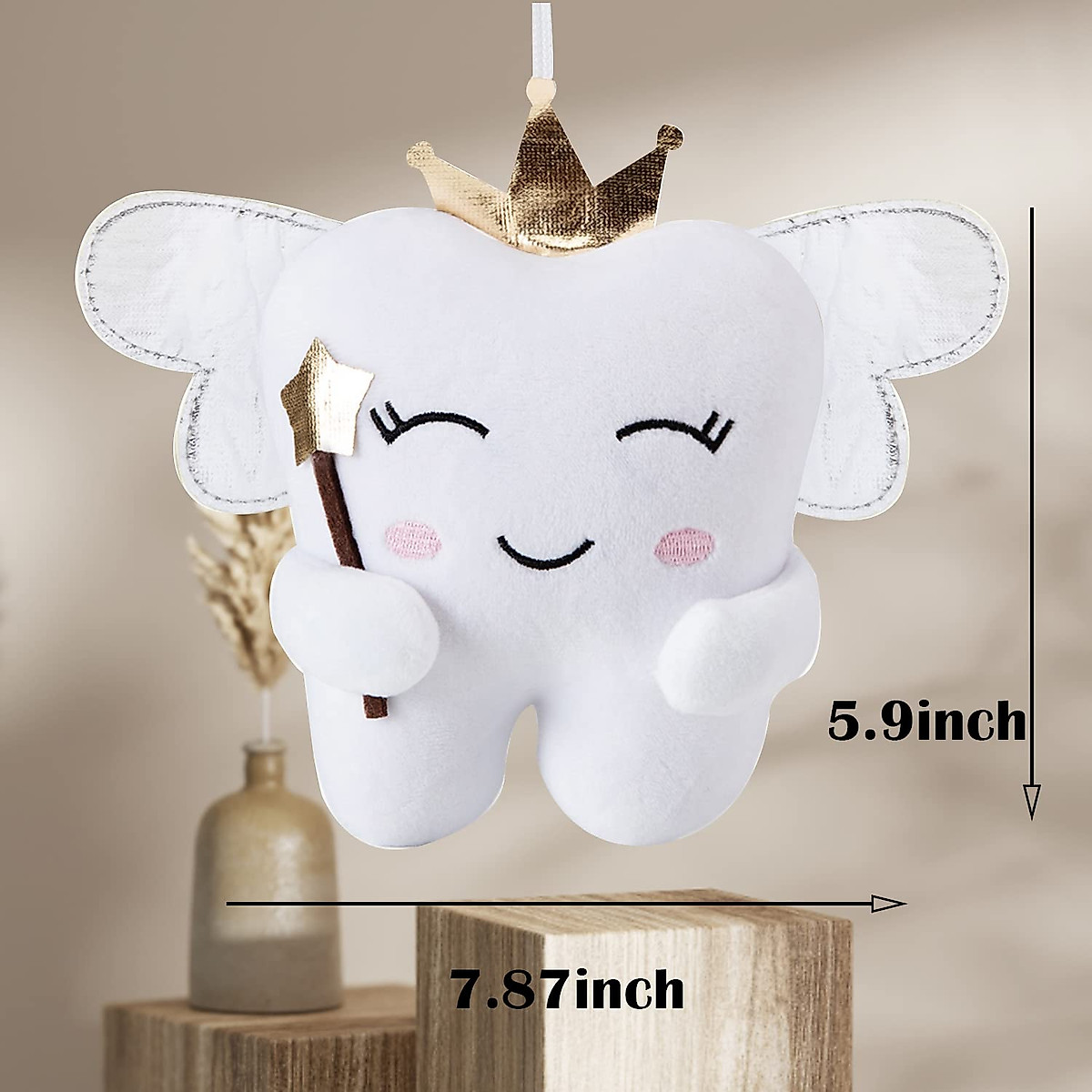 Tooth Fairy Pillow with Shiny Wings Embroidered Tooth Fairy Doll with Pocket Crystal Velvet Tooth Fairy Souvenir Boy Girl Gift (White) (Second Edition)