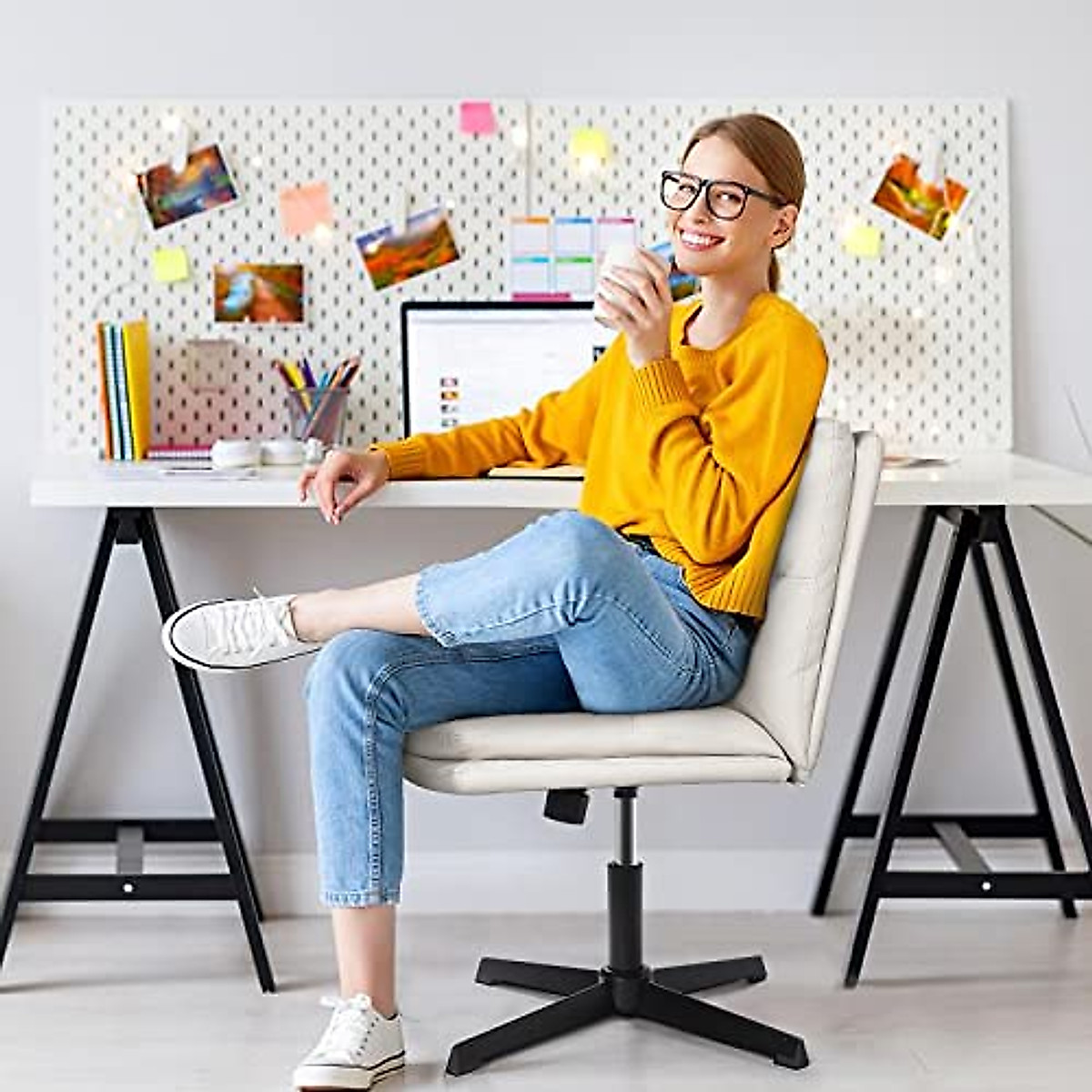 LEMBERI PU Leather Armless Office Desk Chair No Wheels,Criss Cross Legged Home Office Wide Padded Swivel Vanity Chair,120°Rocking Mid Back Ergonomic Computer Task Chair for Make Up,Small Space