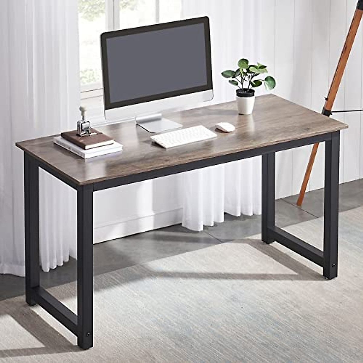 OFICS 55.1" Large Computer Desk,Modern Simple Style PC Laptop Desk for Home Office,Office Desk Workstation with Wide Metal Sturdy Frame,Thicker Steel Legs Study Desk,Rustic/Black