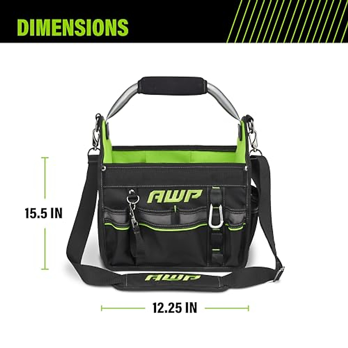 AWP 12 Inch Pro Tool Tote with Rotating Handle for Easy Tool Access, Water-Resistant Construction, Black/Green