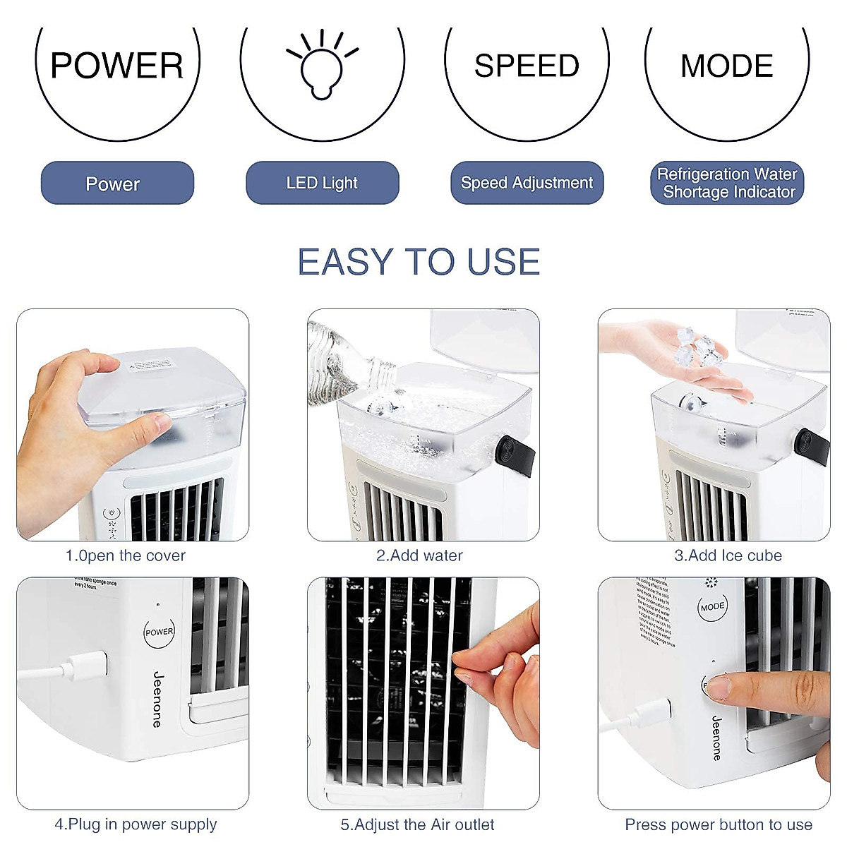 Jeenone Portable Air Conditioner Fan, 5 in 1 USB Personal Evaporative Air Cooler with 3 Speeds, Personal Air Conditioner with 8 Colors Light Humidifier Misting Fan for Office, Home, Travel