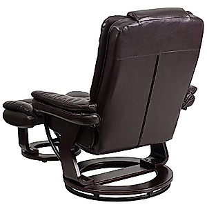 Flash Furniture Bali Contemporary Multi-Position Recliner with Horizontal Stitching and Ottoman with Swivel Mahogany Wood Base in Brown LeatherSoft