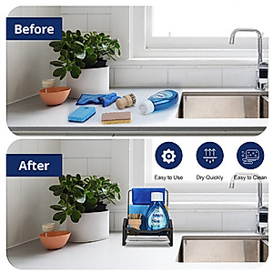 Forprim Kitchen Sink Caddy Sponge Holder,Kitchen Sink Organizer with Auto Drip Tray,Stainless Steel Dish Sponge Holder for Kitchen Sink Countertop with Detachable Dish Towel Bar (Black)