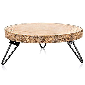 Timber Tree 10 inch Wood Cake Stand for Dessert Table - Round Rustic Cake Holder Tray Wooden Serving Platter Pedestal Centerpiece Decoration with Sturdy Hinged Metal Legs for Wedding Cakes