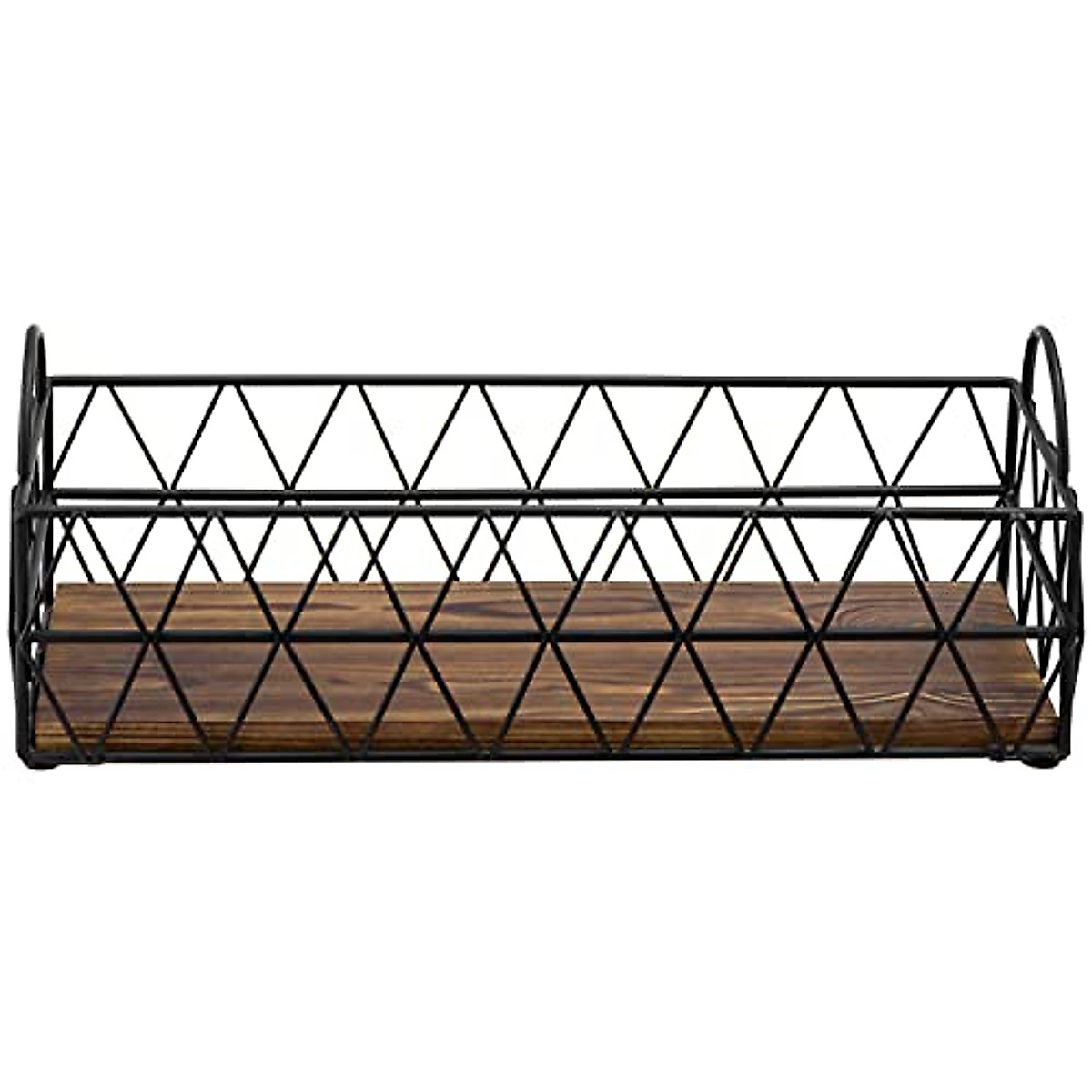 MyGift 16 Inch Deluxe Black Metal Toilet Tank Tray with Geometric Wire Design and Burnt Wood Base, Bathroom Vanity Toiletry Storage Organizer Tray with Handles