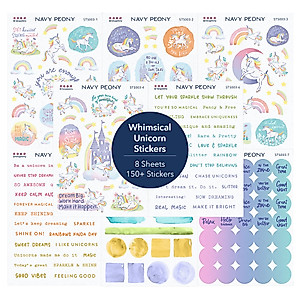 Navy Peony Whimsical Unicorn Self-Care Stickers Sheets (8 Sheets, 150+ Stickers) - A6 Size, Washi/Waterproof Paper Mix | Motivational Quote Stickers for Journals, Planners, Scrapbooks