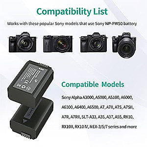 LP-NP-FW50 Battery Pack and Portable Charger,LP 2-Pack Replacement Battery Compatible with Sony Alpha A6000, A6400, A6100, A6300, A6500, A5100, A7, A7 II, A7R, A7R II, A7S, A7S II and Other Cameras