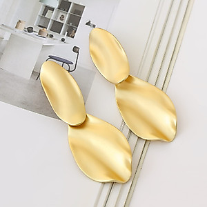 Matte Gold Hammered Long Drop Clip On Earrings Large Unique Statement Clip Earrings for Women