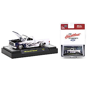 M2 1980 Chevy Silverado Pickup Truck White with Blue Flames The Heartbeat of America Limited Edition to 6050 Pieces Worldwide 1/64 Diecast Model Car Machines 31500-MJS59