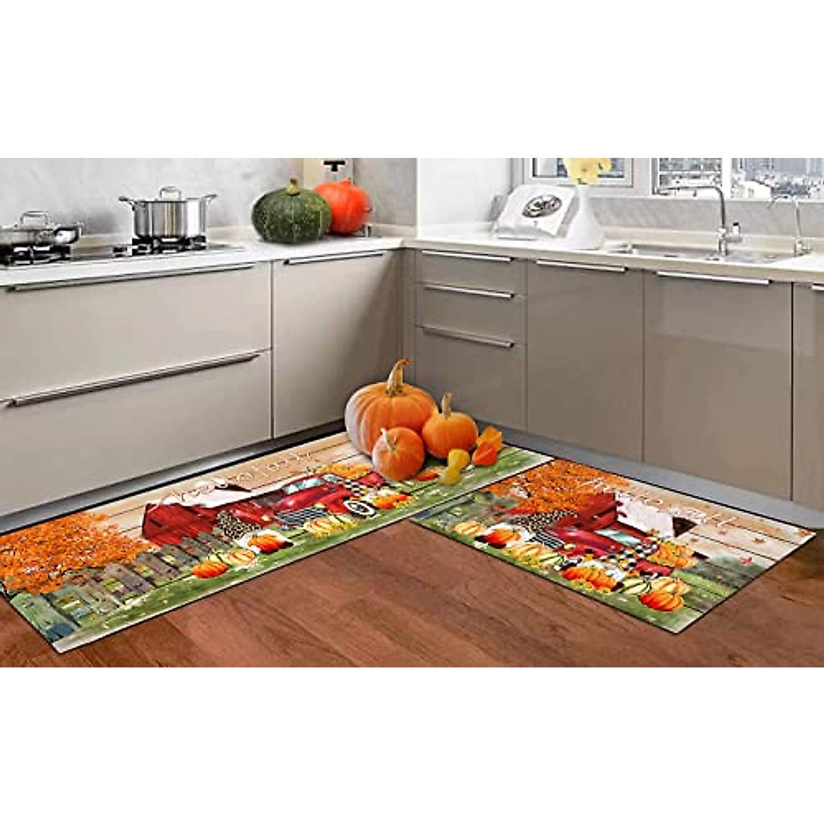 Z&L Home Kitchen Mat and Rug Set of 2 Thanksgiving Fall Farm Absorbent Bath Floor Mat Soft Non Slip Doormats Dwarfs with Pumpkins Retro Truck Wood Barn Plank Runner Carpets for Laundry Bedroom