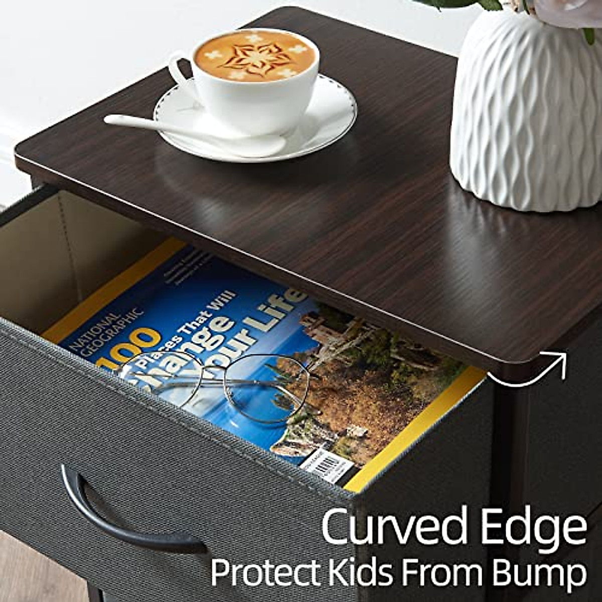 Somdot Nightstand with 2 Drawers, Bedside Table Small Dresser with Removable Fabric Bins for Bedroom Nursery Closet Living Room - Sturdy Steel Frame, Wood Top, Pull Handle - Charcoal Grey/Dark Walnut