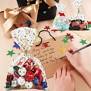 COQOFA 100 Pcs Star Printed 5"X 7" Gift Wrap Cello Cellophane Treat Bags Party Favor bags Clear Candy Cookie Bags Plastic Poly Goodie Storage Bags with Twist Ties for Bakery,Birthday, Wedding ,Party Decorations (Gold)