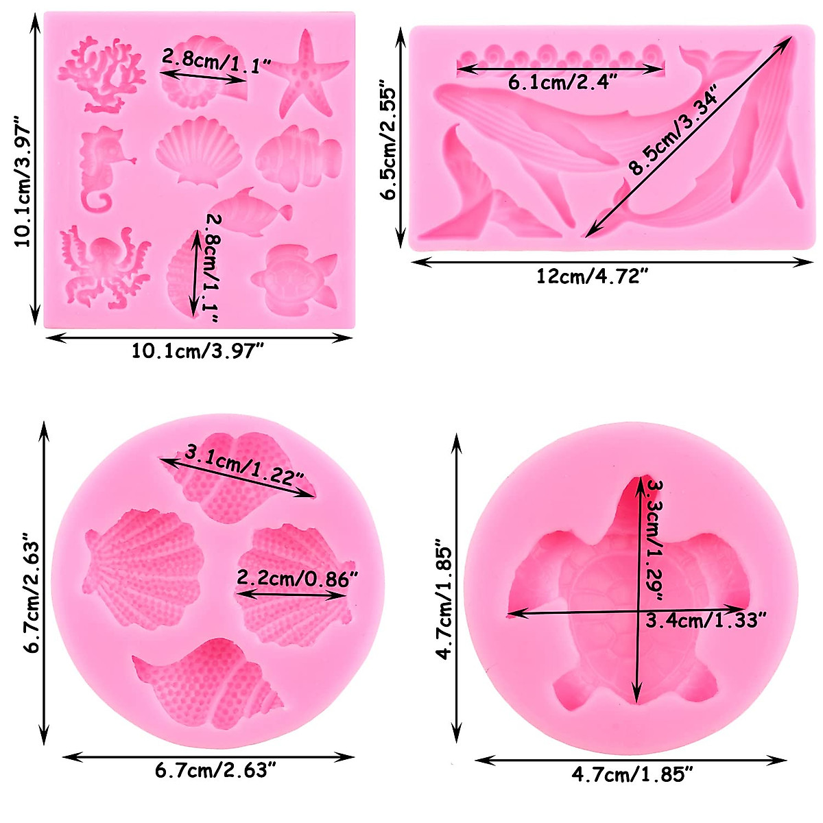 LKDQUTHM Marine Theme Fondant Silicone Molds Seashell Conch Starfish Dolphin Octopus Turtle Chocolate Candy Mold For Cupcake Topper Cake Decorating Gum Paste Polymer Clay Set Of 4