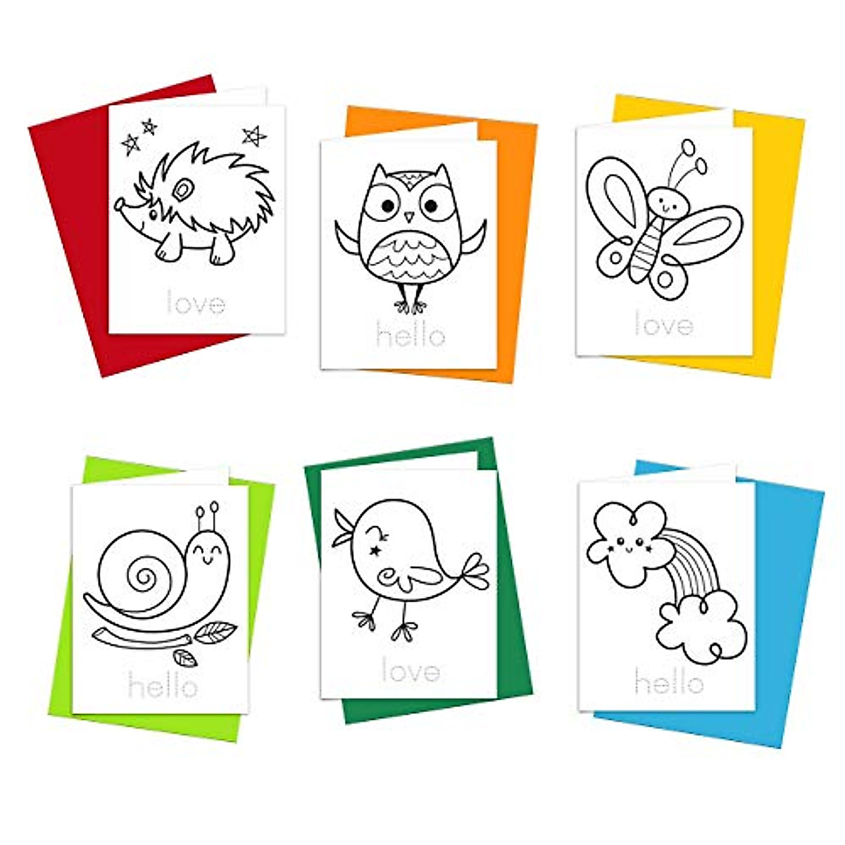 Coloring Cards: Set of 6 Cards for Kids to Color and Practice Letter Writing - All Occasion Greeting Cards with Envelopes 100% Recycled and Made in USA (Hello Love)