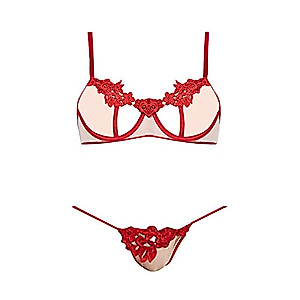 Wodceeke Women's 2Pc Sexy Lace Sling Lingerie Embroidery Hollow Perspective Split Pajamas Seductive Bodysuit Sleepwear (Red, S)