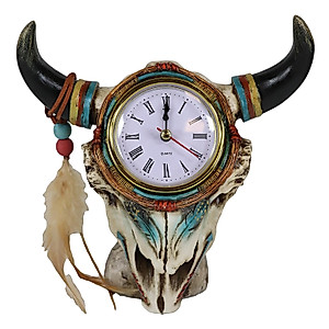 Ebros Southwestern Native American Indian Dreamcatcher Feathers Steer Bull Cow Skull Decorative Desktop Table Clock Figurine Turquoise Spirit Skulls Cows Medicine Bison Western Talisman Accent