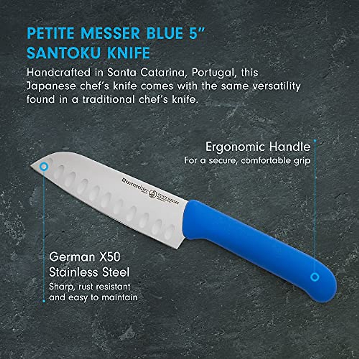 Messermeister Petite Messer 5” Kullenschliff Santoku Knife, Blue - German 1.4116 Stainless Steel & Ergonomic Handle - Lightweight, Rust Resistant & Easy to Maintain