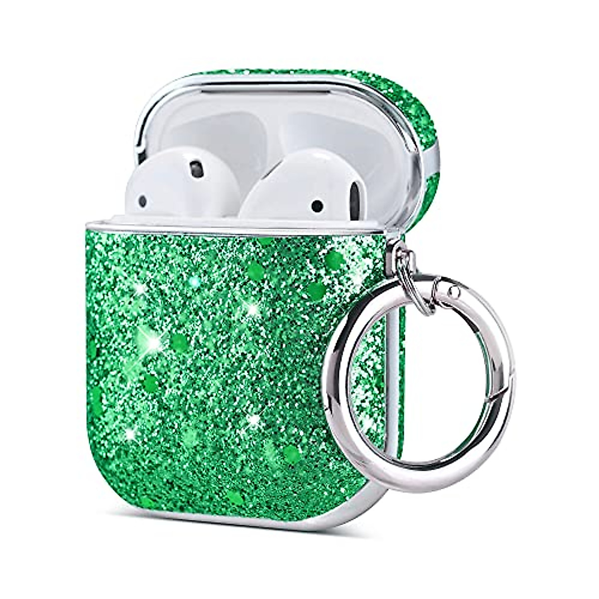 Imguardz AirPods Case for Women Girls, Luxury Bling Case for AirPods 2nd Generation, Glittery Leather Hard Protective Cover with Keychain Compatible with Apple AirPods 2 & 1 (Front LED Visible), Green