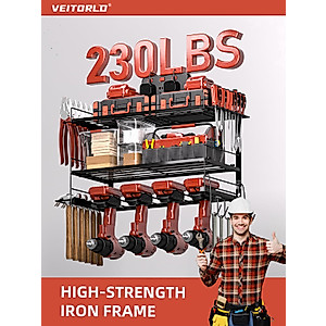 Gifts for Men Dad Husband Him, Power Tool Organizer Wall Mount, 4 Drill Modular Tool Storage Shelf with Hooks, Drill Holder for Garage Organization, Cool Anniversary Birthday Gifts for Men Women