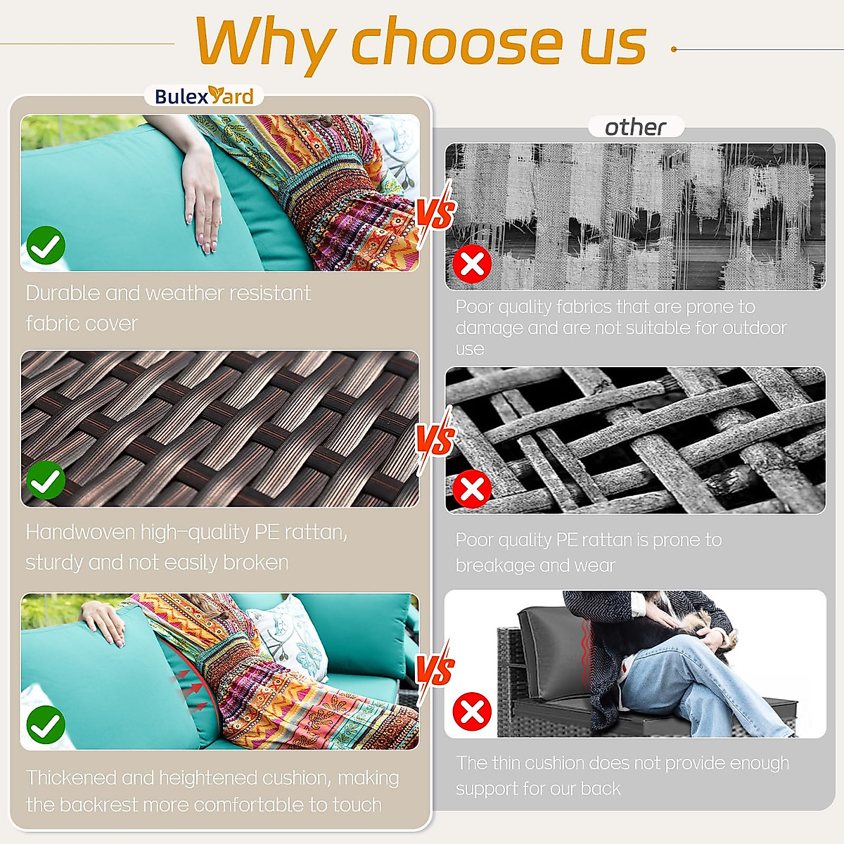 BULEXYARD High Back Brown PE Rattan Outdoor Patio Furniture Set with Propane Fire Pit Table, Large Wicker Outside Sectional Furniture Sofa Conversation Sets for Backyard(Aqua Blue, 7Pcs-A)