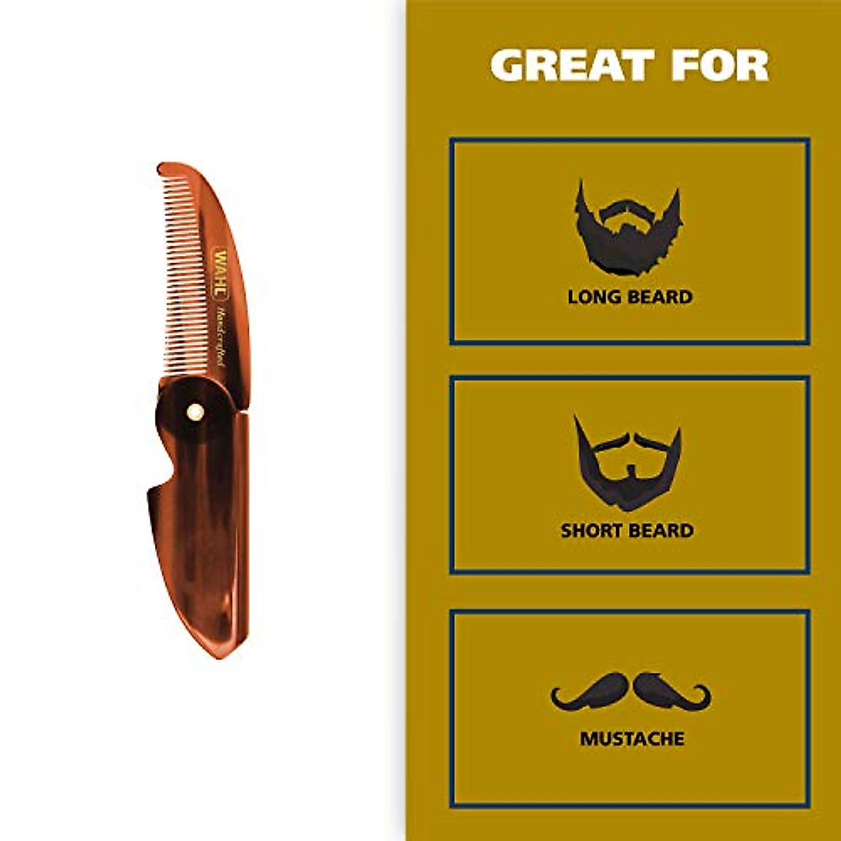 Wahl Beard & Mustache Folding Comb for Men's Grooming - Handcrafted & Hand Cut with Cellulose Acetate - Smooth, Rounded Tapered Teeth - Model 3326