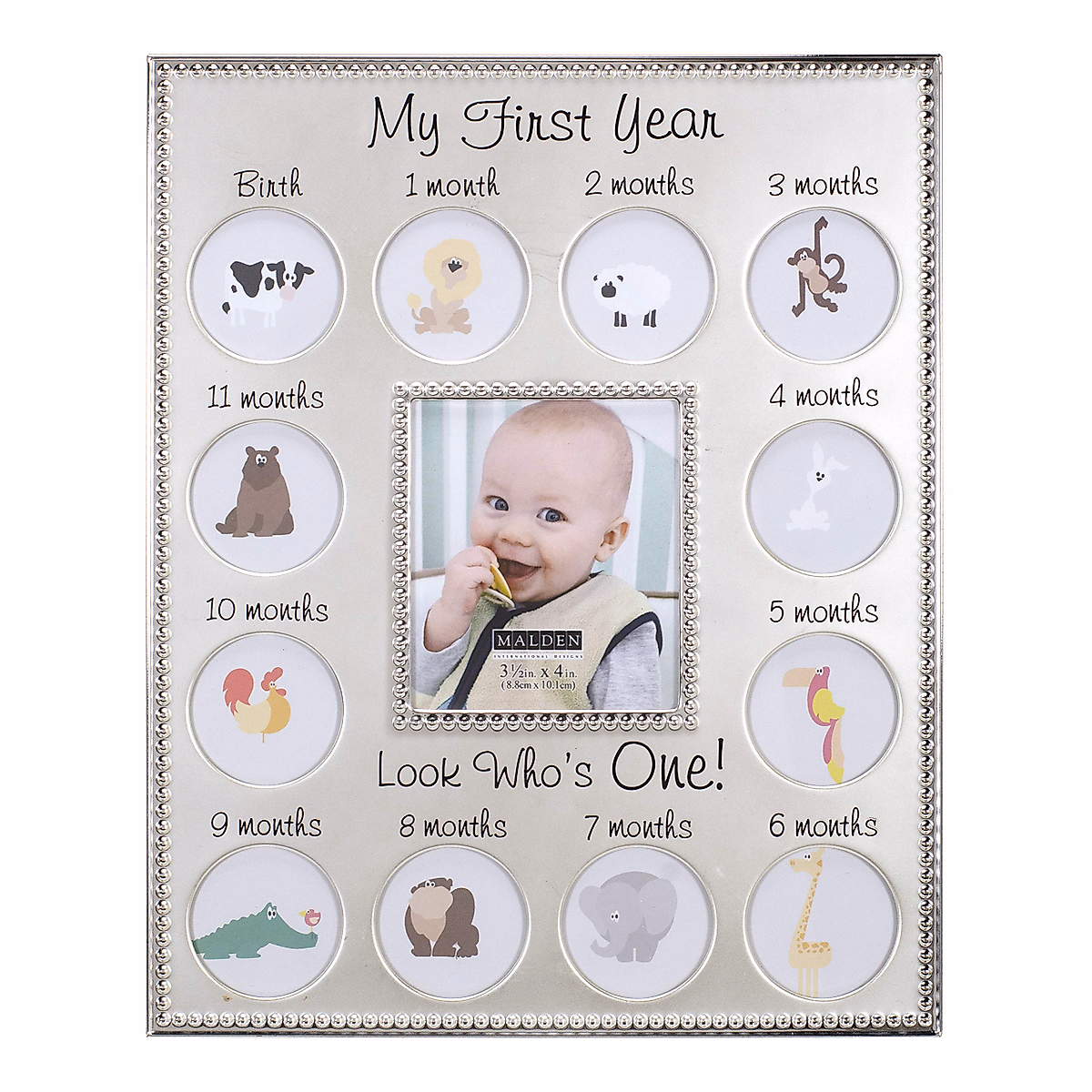 Malden International Designs My First Years Beaded Two Tone Silver Metal Picture Frame, 3 Option, 1-3.5x4 & 12-1x1, Silver