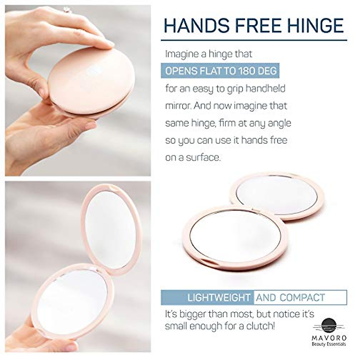 Magnifying Compact Mirror for Purses, 1x/10x Magnification – Double Sided Travel Makeup Mirror, 4 Inch Small Pocket or Purse Mirror. Distortion Free Folding Portable Compact Mirrors (Millennial Pink)