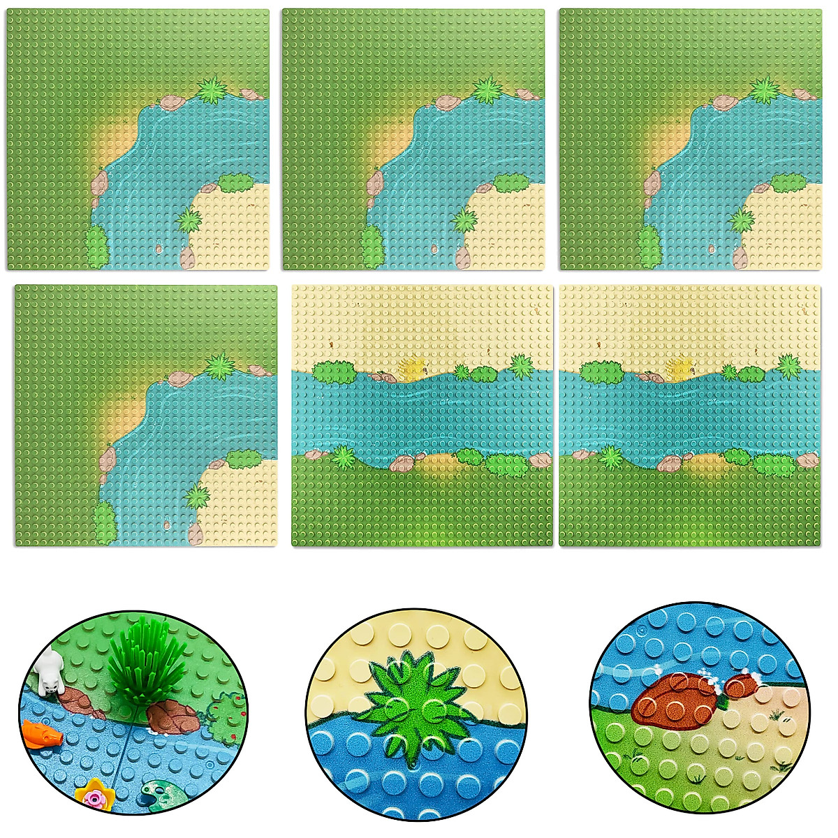 TACYILLU 6 Pack Grassland Rivers Pattern Baseplate 10" x 10" - Building Brick Base Plate Tight Fit with Major Brands for City Roads Building Blocks Kids Toy (2 Straight + 4 Curve)