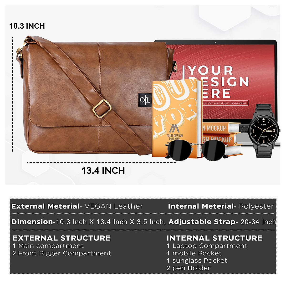 Oak Leathers Tan Leather Laptop Bags For Him And Her | Multiple Compartments | Spacious And Chic | Adjustable Shoulder Satchel