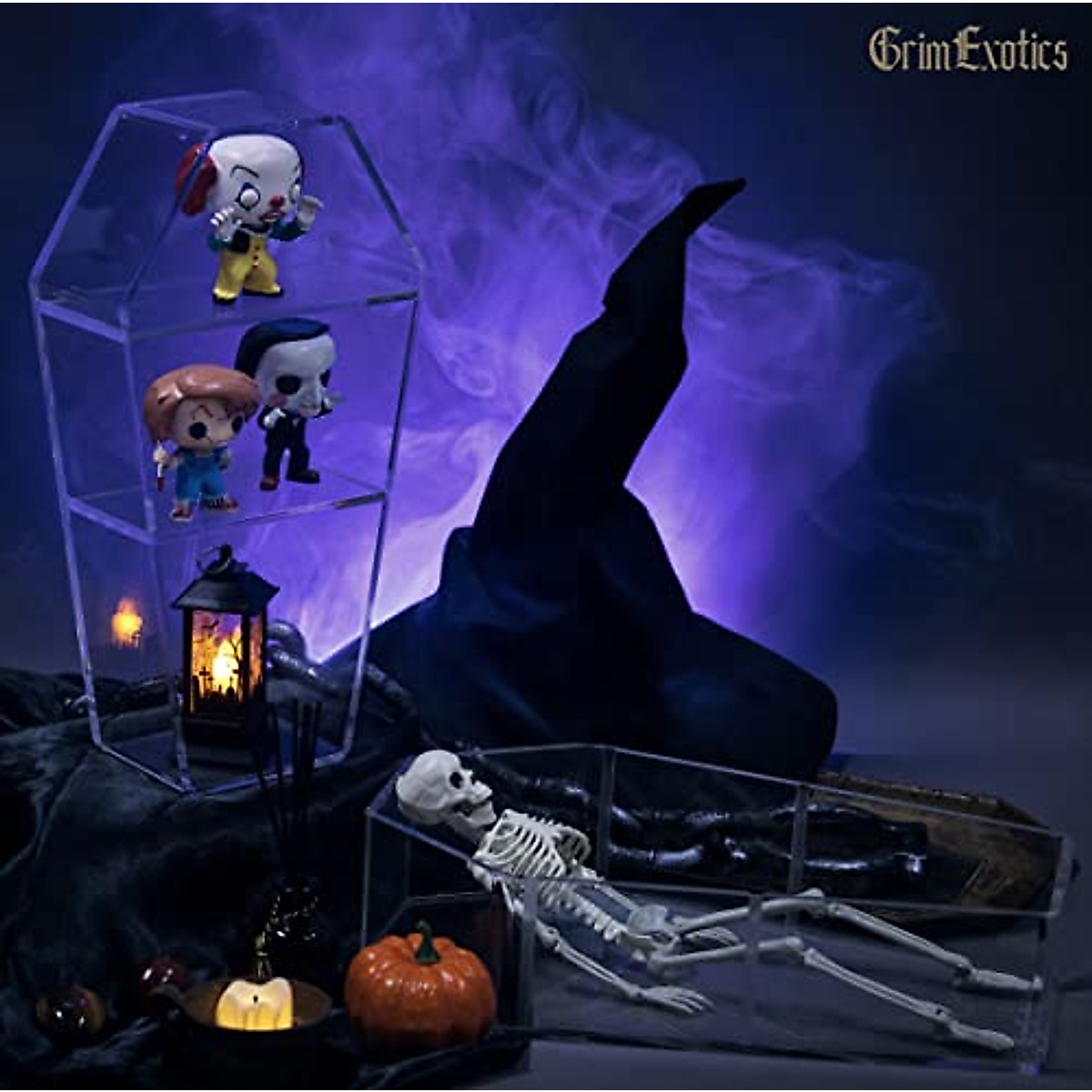 GrimExotics Acrylic Coffin Shelf – Spooky Gothic Decor for Home, Clear Acrylic Funko Pop Display Shelf for Wall and Table Top with Removable Shelves – 15 inches Tall by 8 inches Wide