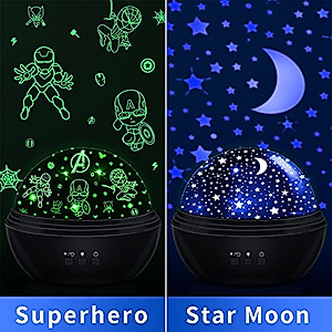 Night Light Projector for Kids Superhero Toys for Boys, 360 Degree Rotation Baby Night Lights with Super Hero Figures and Star Theme, Birthday Party Festival Decor(Black)