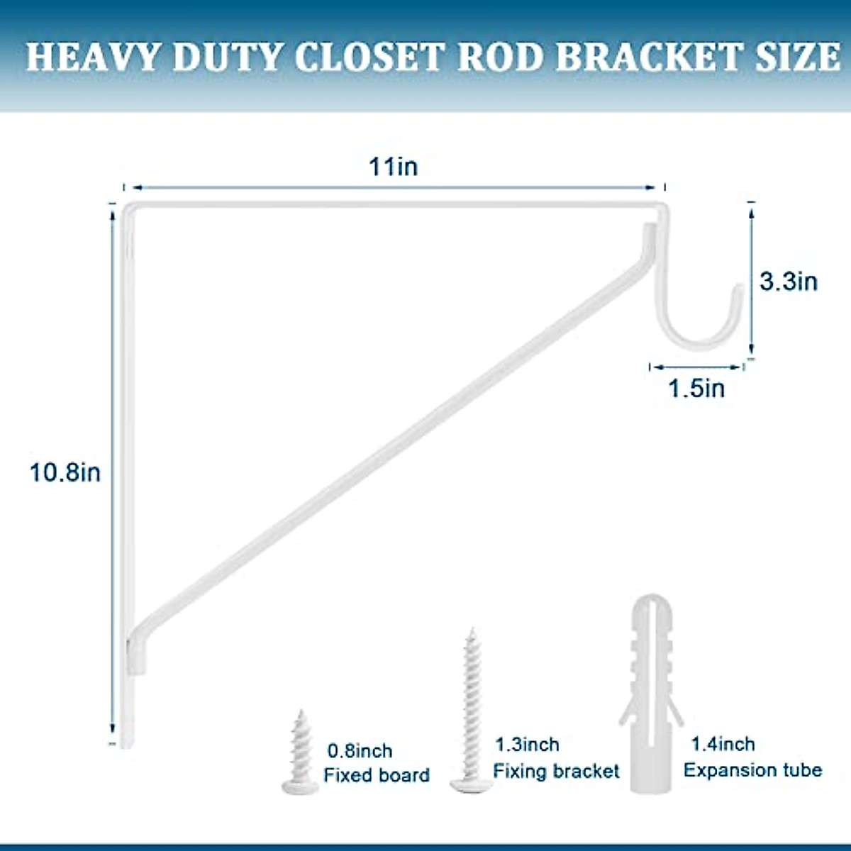 AYAYGD 4PCS Heavy Duty White Closet Rod Brackets 11 x 11 Inch,1-3/8Inch Diameter Shelf and Rod Bracket Holder for Home and Closet Decor, Wall Mount Closet Pole Supports Bracket Hook with Screws