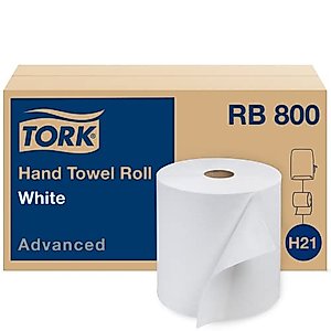 Tork Hand Towel Roll, White, Advanced, H21, Soft, Disposable, 100% Recycled, Absorbent, 1-Ply, 12 x 800 ft, RB800