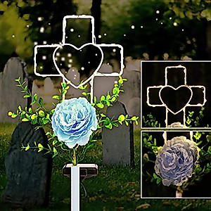 Joyathome 16 Inch Solar Cross Garden Stake Lights with 1 Artificial Flower Metal Garden Art for Patio Lawn Garden Decor Solar Outdoor Love Sign for Gravesites Memorial and Ideal Gifts for Loved Ones