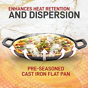 NutriChef 14-Inch Cast Iron Pizza Pan - Versatile Pre-Seasoned Round Cooking Griddle, Dosa Pan, Comal For Oven, Grill, Stove, and Campfires - Includes 2 Easy-Grip Heat Safe Silicone Handles