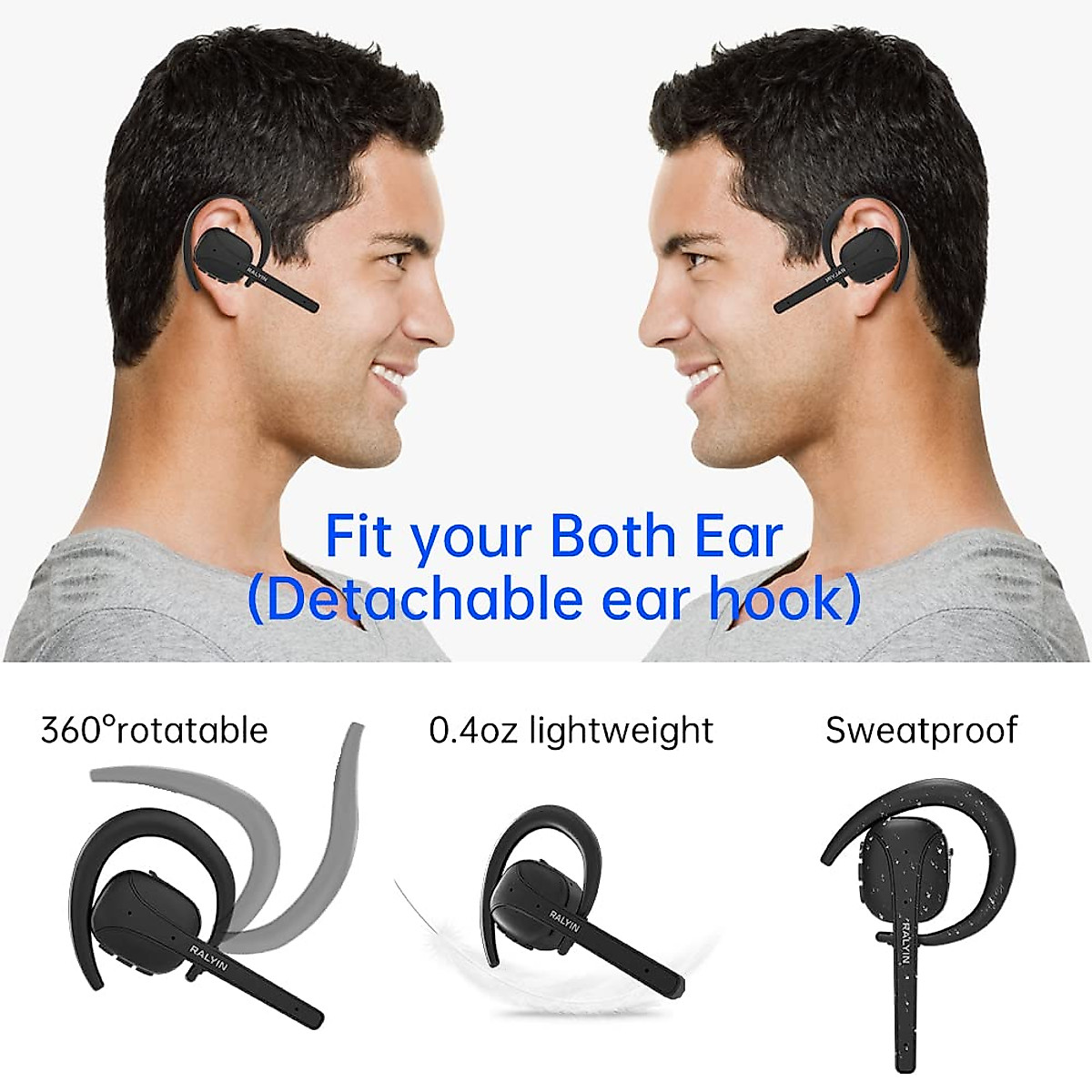 Ralyin Bluetooth Earpiece, Bluetooth Headphones with Daul Mic Noise Cancellation, 24 Hrs Driving Headset 60 Days Standby Time for Running Cycling Workout