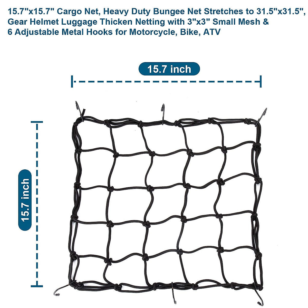 2Pack15.7 x15.7 Cargo Net, Made of Rubber Heavy Duty Bungee Net Stretches to 31.5"x31.5", Gear Helmet Luggage Thicken Netting with 3"x3" Small Mesh &6Adjustable Metal Hooks for Motorcycle, Bike, ATV