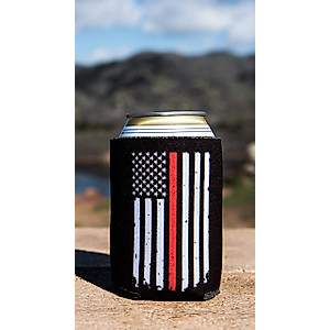 Firefighter Gifts for Men - Thin Red Line Beverage Can Cooler Sleeves, Fireman Gifts, Insulated Beer Holder with Red Stripe American Flag, Fire Department Gift Ideas, Fire Fighter Accessory, 6-Pack
