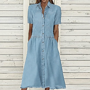 Summer Short Sleeve Sundress Lady Elegant Birthday Midi Baggy Denim Solid Button Lightweight V Neck Dress Women's Blue