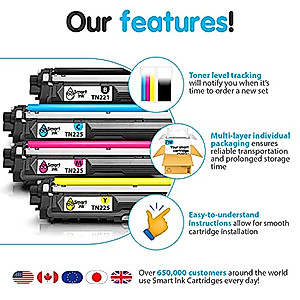 Smart Ink Compatible Toner Cartridge Replacement for Brother TN221 TN225 TN-221 TN-225 (1 Black, C/M/Y 4 Combo Pack) to use with HL-3140CW HL-3170CDW HL-3180CDW MFC-9130CW MFC-9330CDW MFC-9340CDW
