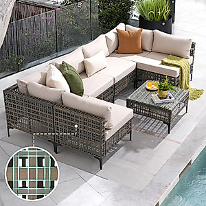 Patiorama 7 Piece Wicker Patio Furniture Set, Metal-Colored PE Rattan Outdoor Conversation Set Sectional Sofa with Water Resistant Cushion and Glass Table, Outdoor Couch, Porch, Backyard-Sand Beige