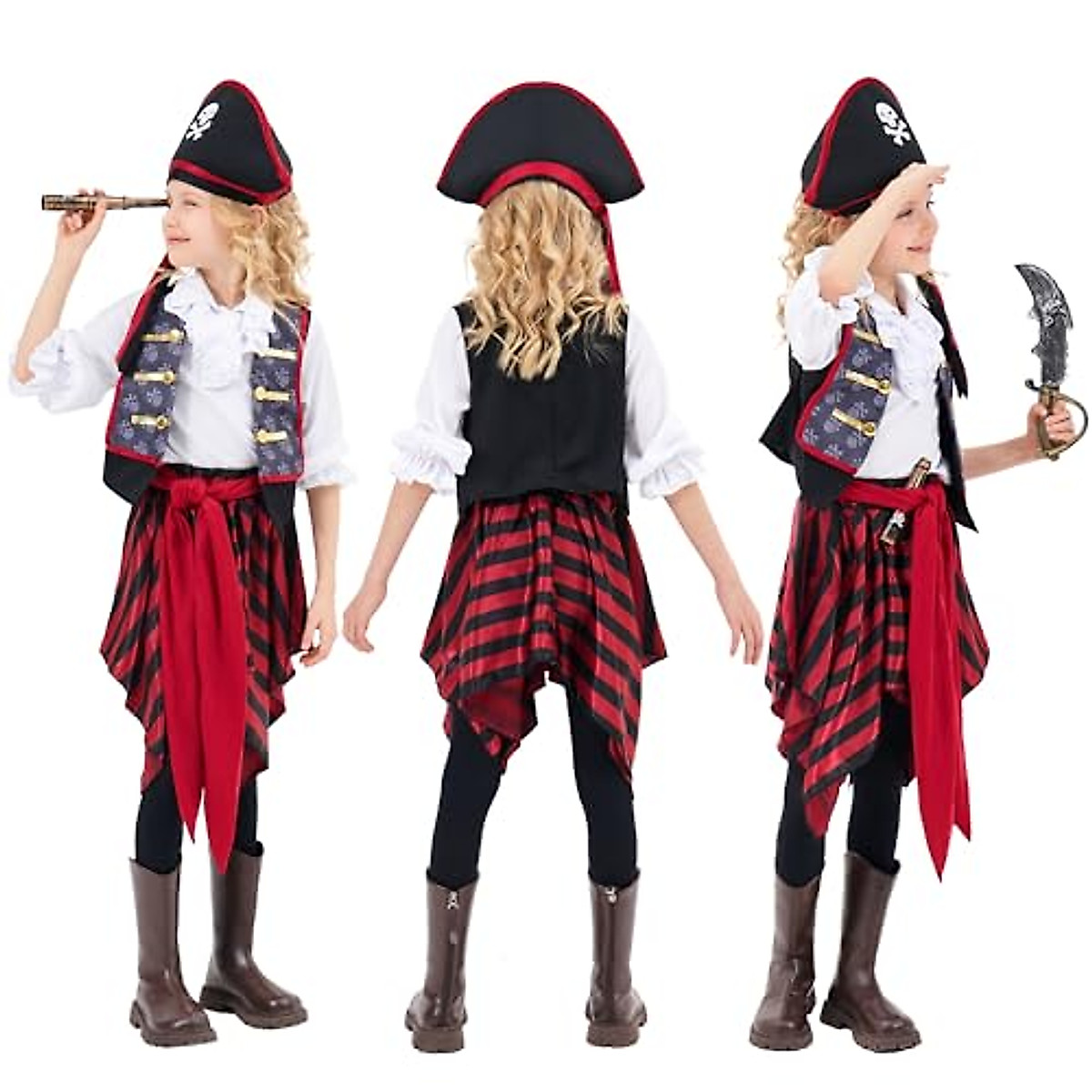 Joy Bang alloween Pirate Costume Kids, Girls Dress Up Pretend Role Play Party for Toddlers, Buccaneer Top Princess Skirt Waist Belt with Accessories