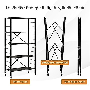 Giantex 5-Tier Folding Bookshelf with Wheels Black, 60" Tall Foldable Metal Shelves for Storage, Freestanding Open Shelving Storage, Easy Assembly Bookcase Display Shelving Rack