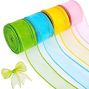 4 Rolls x 80 Yards Sheer Organza Wired Ribbon, Chiffon Wired Ribbon for Wrapping Making Bows, Wreaths, Bouquet Wrapping, Decoration, DIY Crafts (Light Colors,1-1/2 Inch)