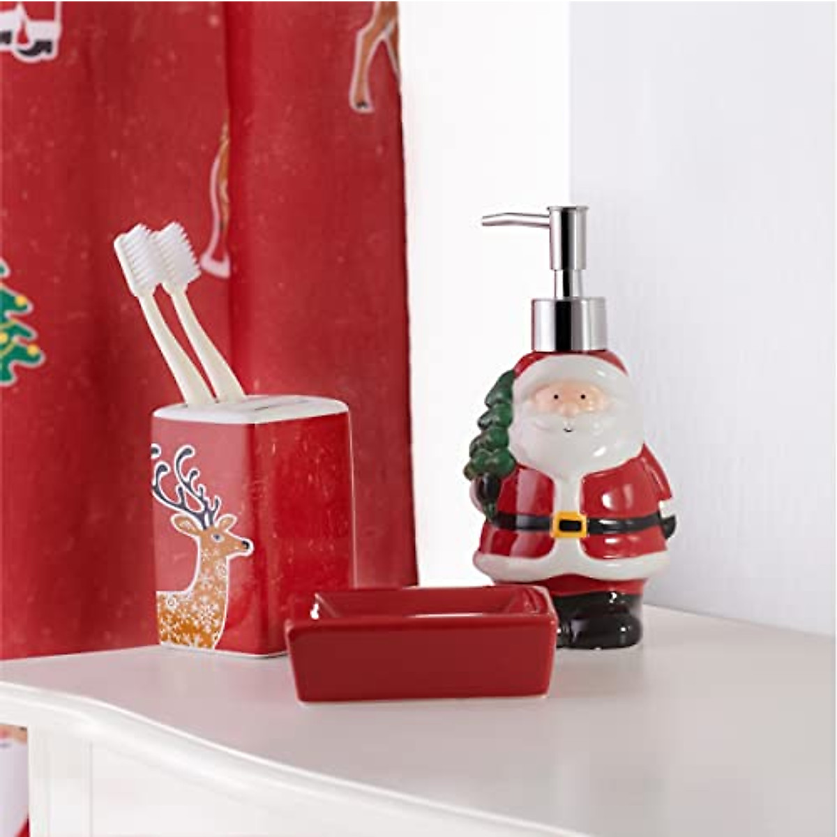 Indecor Home 17-Piece Ceramic Bathroom Accessory Set with Shower Curtain, 12 Hooks, Soap Pump, Toothbrush Holder, Soap Dish and Bath Rug Box Gift Set for Christmas Xmas (Santa)