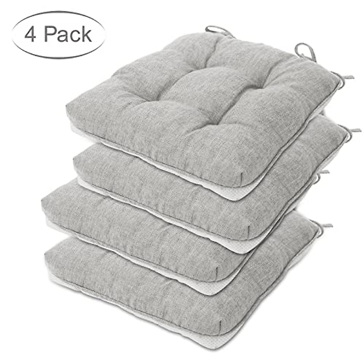 EAIMi Indoor Chair Cushions for Dinning Chairs 4 Packs| Tufted Memory Foam Overstuffed Kitchen Chair Pads with Ties | Textured Non Slip Back Seat Cushions 15.5x15.5x4 Inches Light Grey