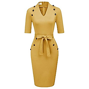 GRACE KARIN Women Vintage Short Sleeve Slim Fit Belted Business Pencil Dress Yellow