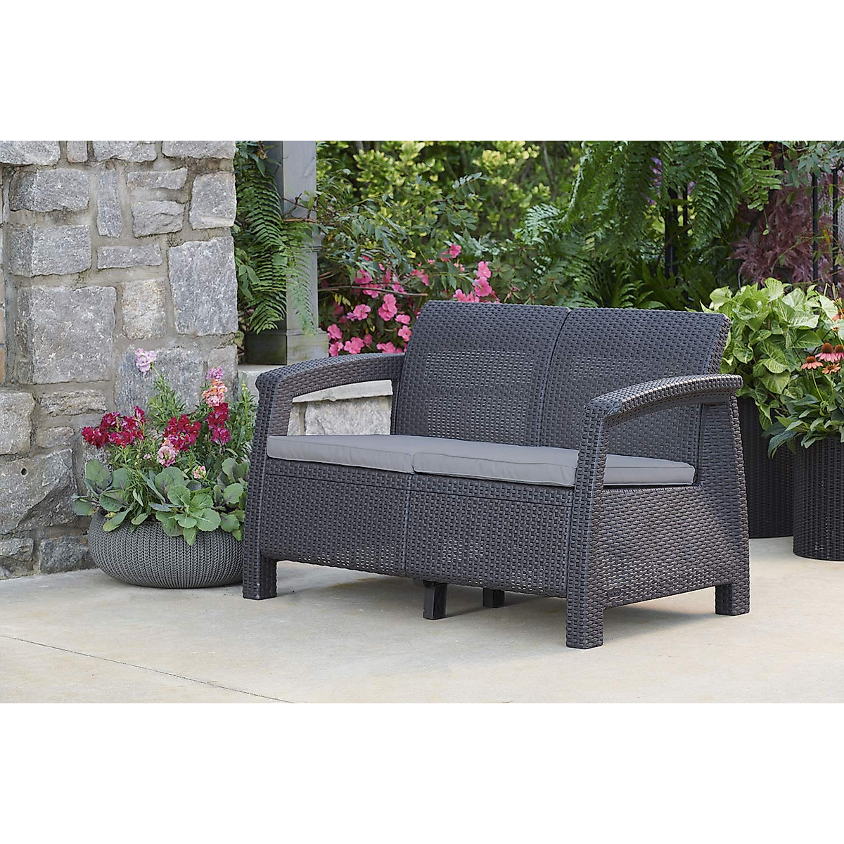 Keter Corfu Resin Wicker Loveseat with Outdoor Cushions – Patio Furniture Perfect for Front Porch Décor and Poolside Seating, Grey